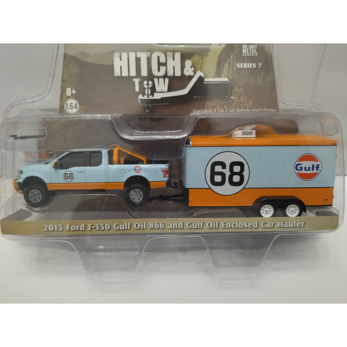 FORD F-150 2015 & CAR HAULER GULF OIL 1:64 GREENLIGHT - BCN STOCK CARS